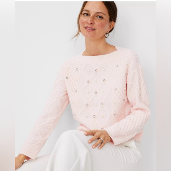 Ann Taylor | Sweaters | Ann Taylor Embellished Cable Sweater In Pink ...